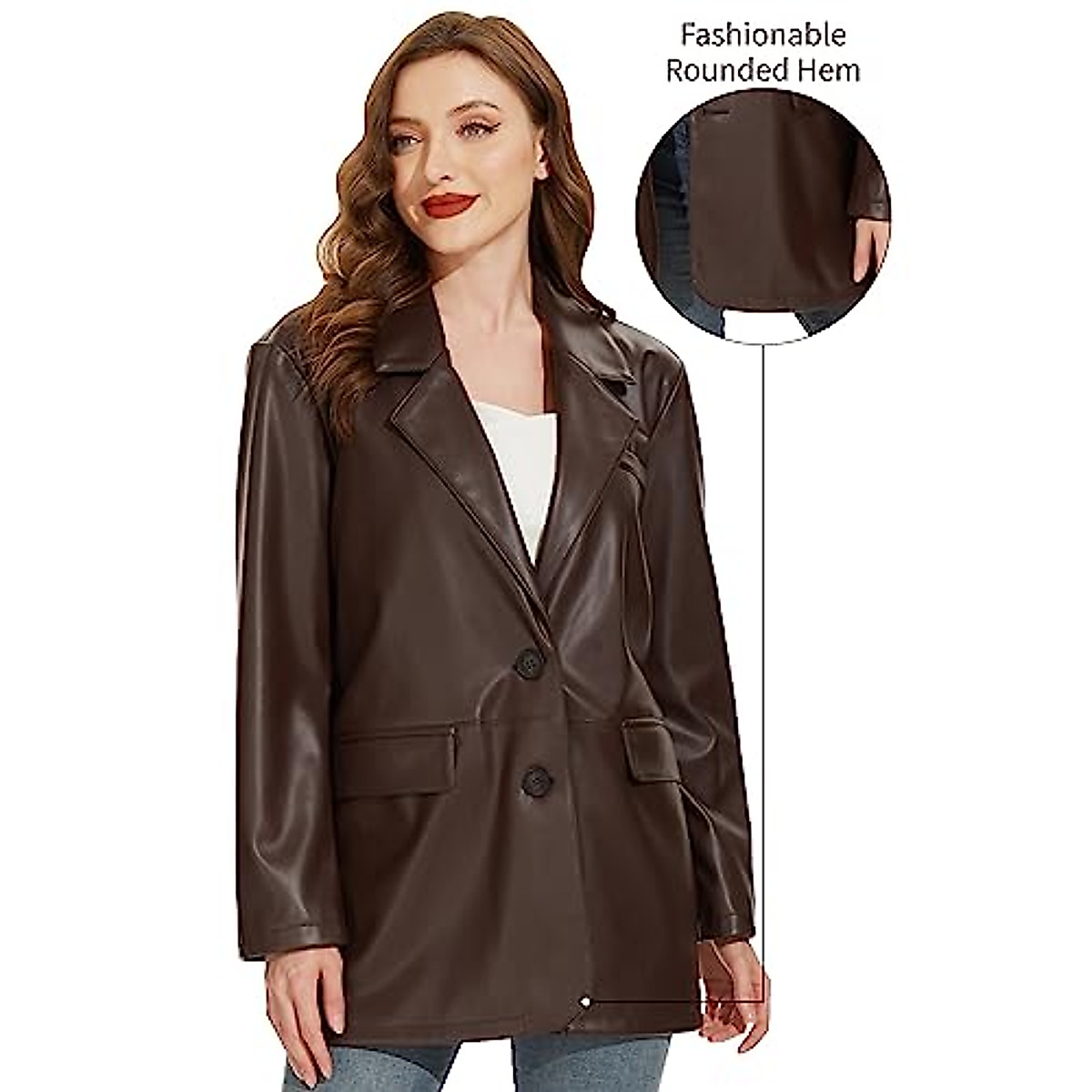 Fahsyee Women's Faux Leather Blazer - Women Motorcycle Vintage Moto Biker Coat Vegan Pleather Fashion Jackets Coffee M