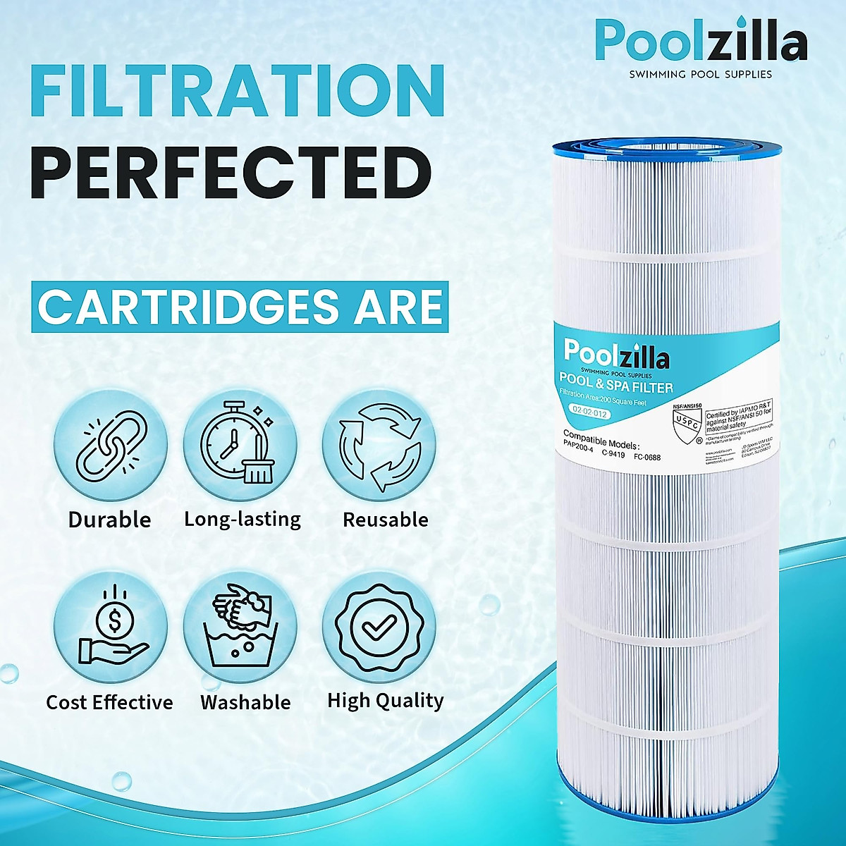 Poolzilla 1 Pack Pool Filter Cartridge Replacement for PAP200, Pentair CC200, Filbur FC-0688, Unicel C-9419, Aladdin 29902, Baleen AK-8005, Pure N Clean PC-0688, R173217, Predator 200, SD-00071