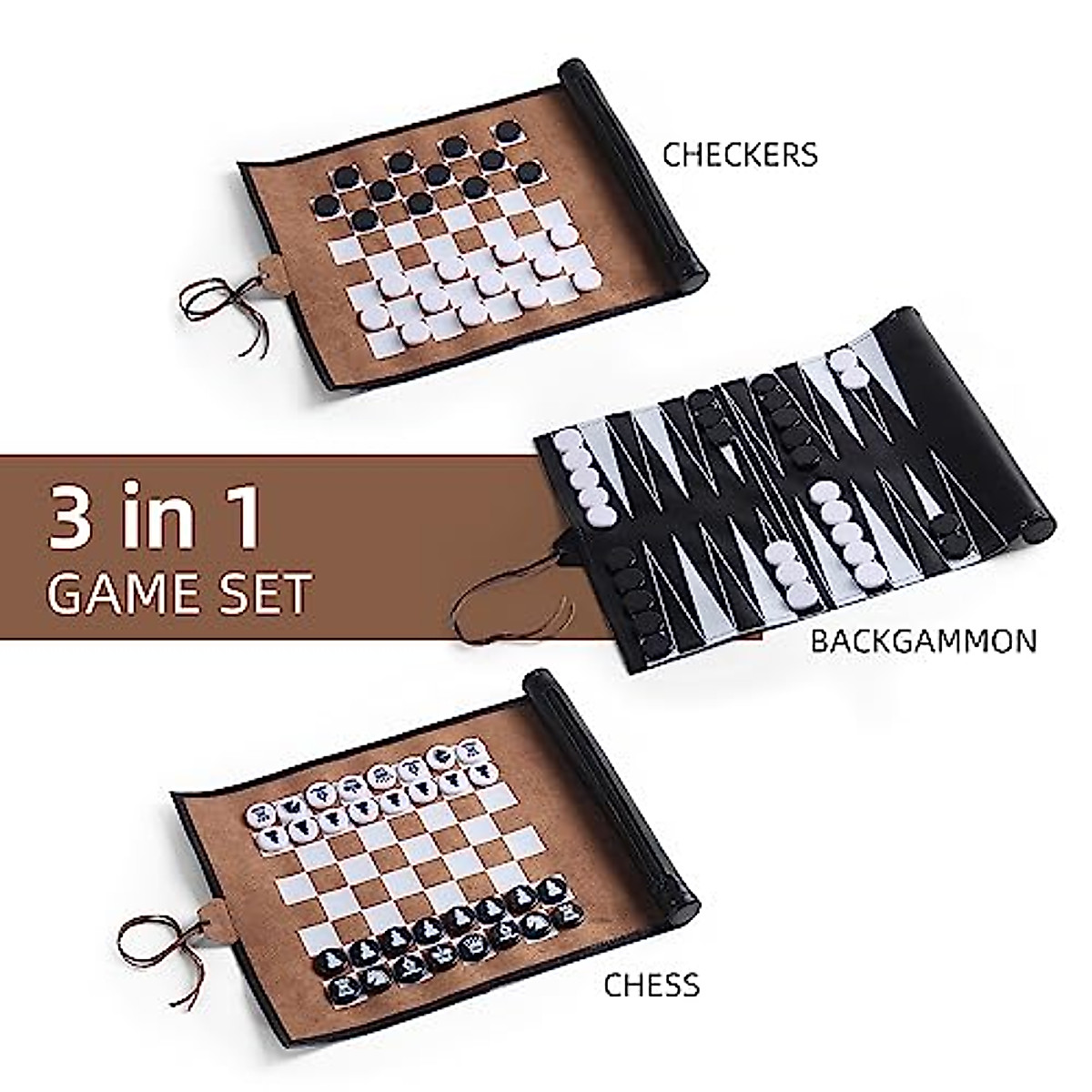 Magic Vosom 3 in 1 Backgammon Chess Checkers Set, Roll up Travel Game Set for Adults and Kids, Black & Brown(3 in 1 Set)