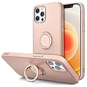 Hython Case for iPhone 12 Pro Max Case with Ring Stand [360° Rotatable Ring Holder Magnetic Kickstand] [Soft Microfiber Lining] Slim Shockproof Rubber Protective Phone Case Cover for Women, Pink Sand