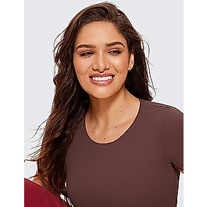 CRZ YOGA Womens Butterluxe Short Sleeve Crop Tops Double Lined Crew Neck Casual Workout T-Shirt Cute Basic Tee Taupe Medium