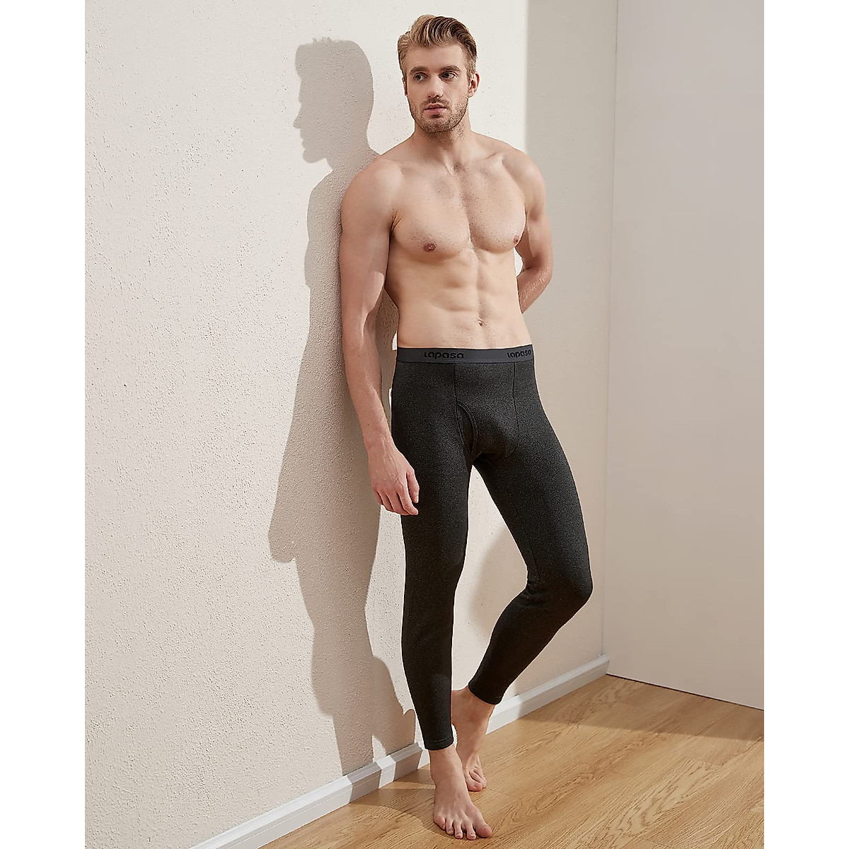 LAPASA Men's Thermal Underwear Bottom Long Johns Pants Fleece Lined Base Layer Lightweight Stretchy Cold Weather Winter Thermoflux 300 Extra Warm M25 Medium Dark Heather Grey