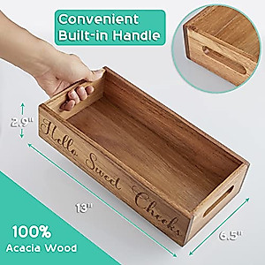 ALELION Bathroom Basket - Rustic Acacia Wood Toilet Tank Paper Basket with Handle for Organizing - Back of Toilet Storage Organizer for Bathroom Tank Topper Counter - Farmhouse Bathroom Decor Box