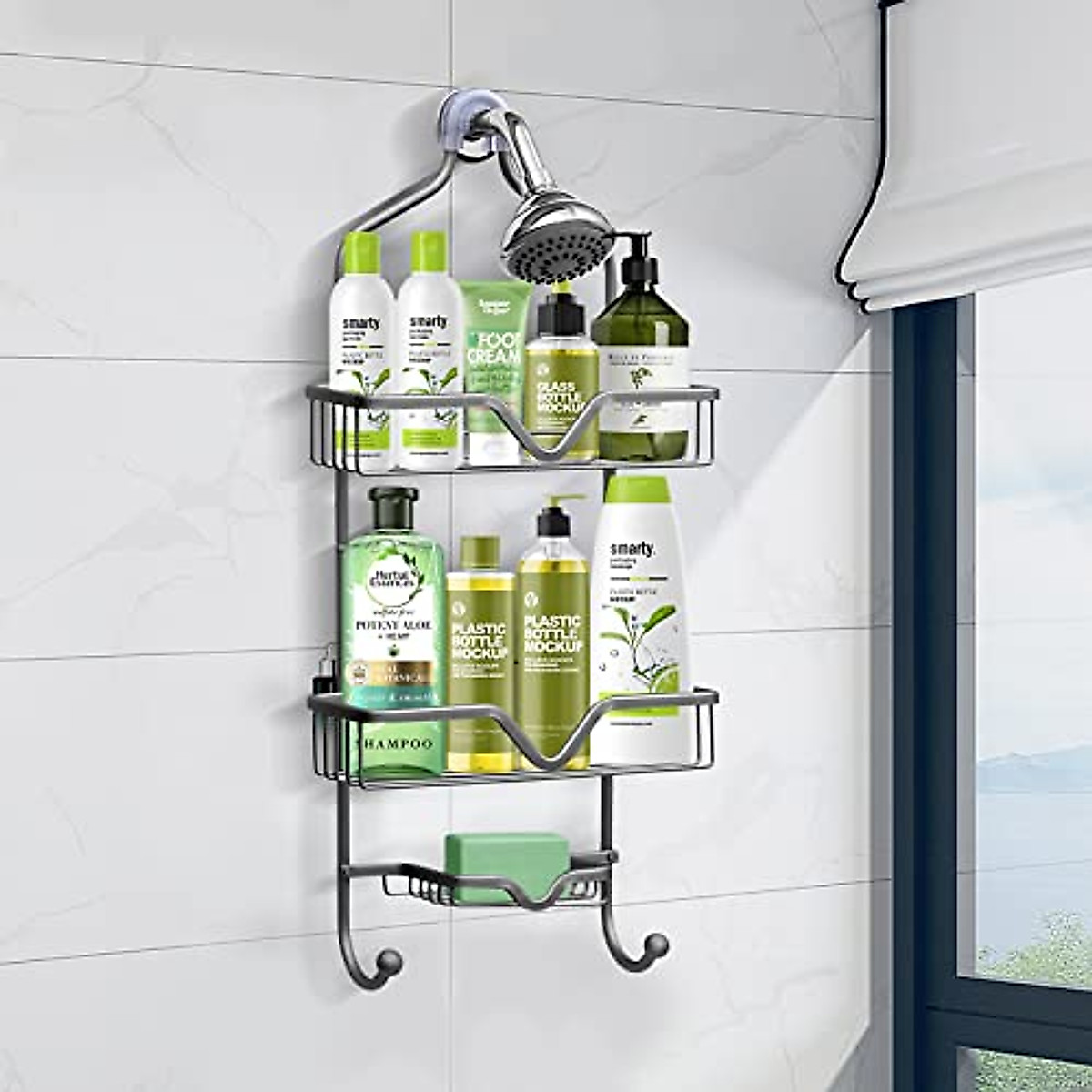 Lucalda Shower Caddy, Shower Caddy over Shower Head Bathroom Shower Hanging Caddy Aluminum, Hanging Shower Organizer over the Head Shower Rack, 2 Hooks Soap Shelf Gray, 25.2" × 10.6" × 4.3"