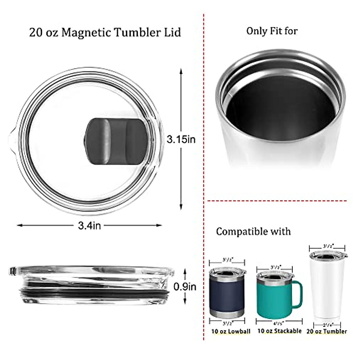 4 Pack 20 oz Magnetic Tumbler Lid with 4 Magnetic Slider Replacement, 20 oz Replacement Lid for Yeti Lids Compatible with YETI Rambler or Old Style Rtic Coffee Tumbler, Magnetic Spill Proof Tumbler