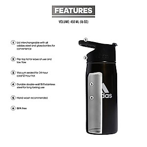 adidas 450 ML (16 oz) Metal Water Bottle Tumbler with Flip Top Lid for Coffee & Tea, Black/Onix Grey, One Size