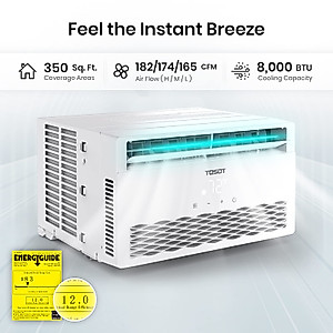 TOSOT 8,000 Air Conditioner Cools up to 350 sq. ft. Quiet, LED, Smart Remote Control, Energy Efficient Window AC, 8000 BTU, White