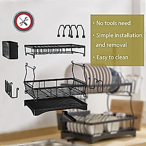 BNUNWISH Dish Drying Rack with Drainboard, 2 Tier Large Capacity Stainless Steel Dish Drainer Racks for Kitchen Counter with Utensil Holder, Cup Racks & Cutting Board Holder
