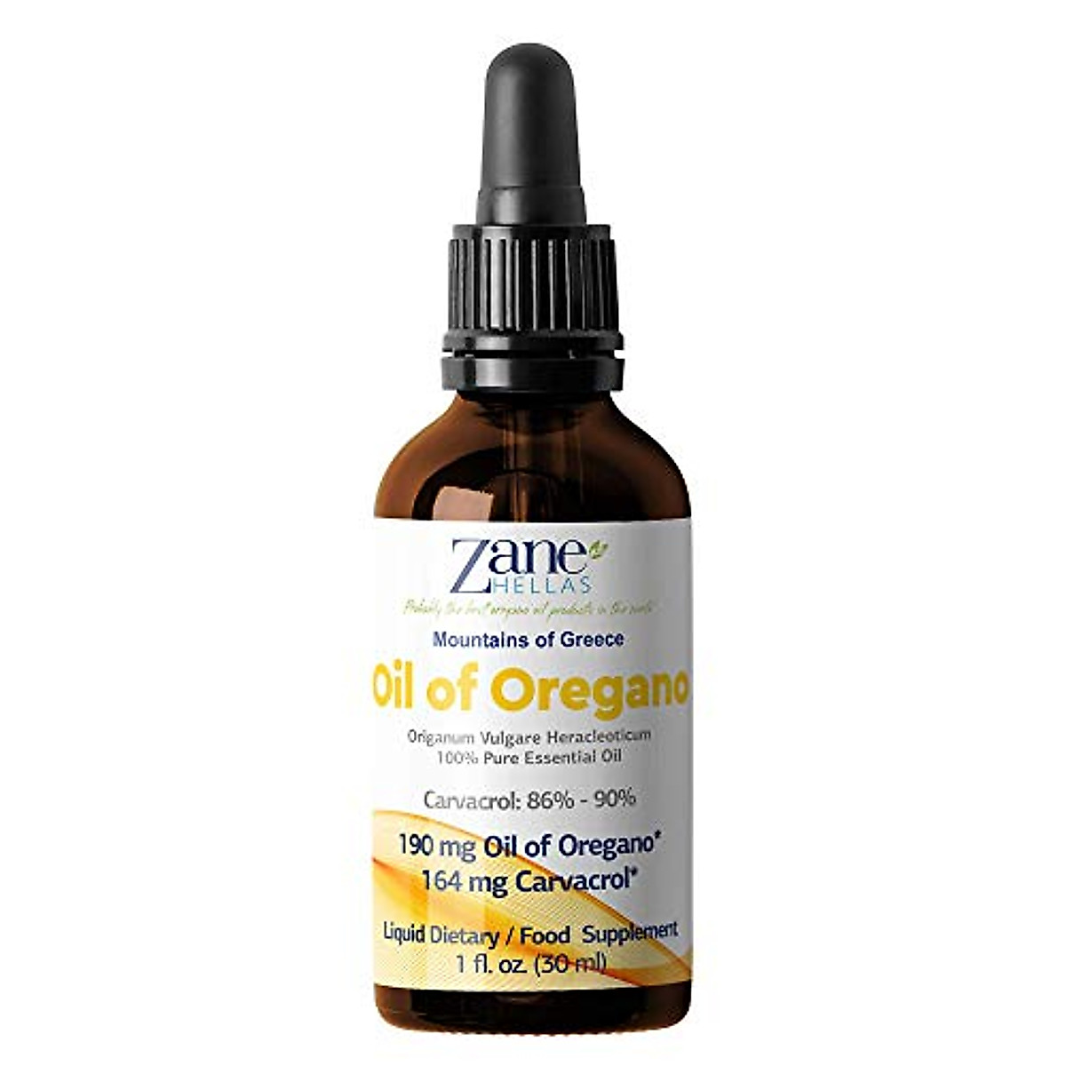 Zane Hellas 190 mg Oregano Oil-164 mg Carvacrol per Serving-4 Drops Daily. 100% Greek Undiluted Oil of Oregano. 86%-90% Min Carvacrol. Probably The Best Oregano Oil in The World. 1 fl. oz.- 30ml