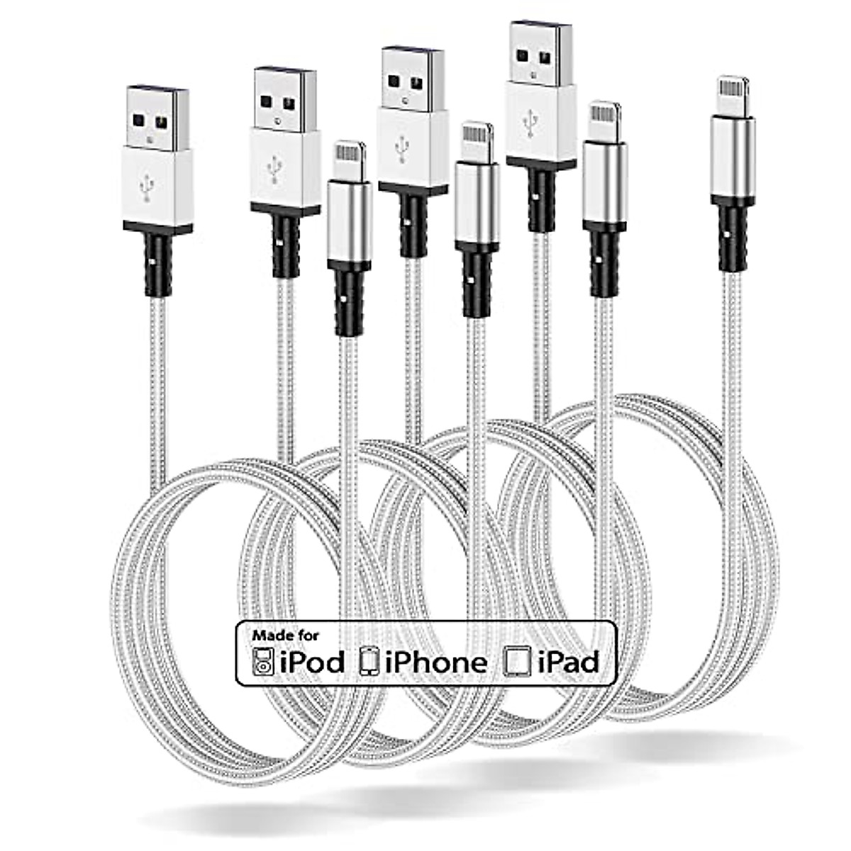 4 Pack 6ft iPhone Charger Cable, [Apple MFi Certified] Long USB A Lightning to Cable 6 Feet, 6 Foot Nylon Fast Apple Charging Cable Cord for Apple iPhone 12/11 Pro/11/XS MAX/XR/8/7/6s/6/5S/SE iPad