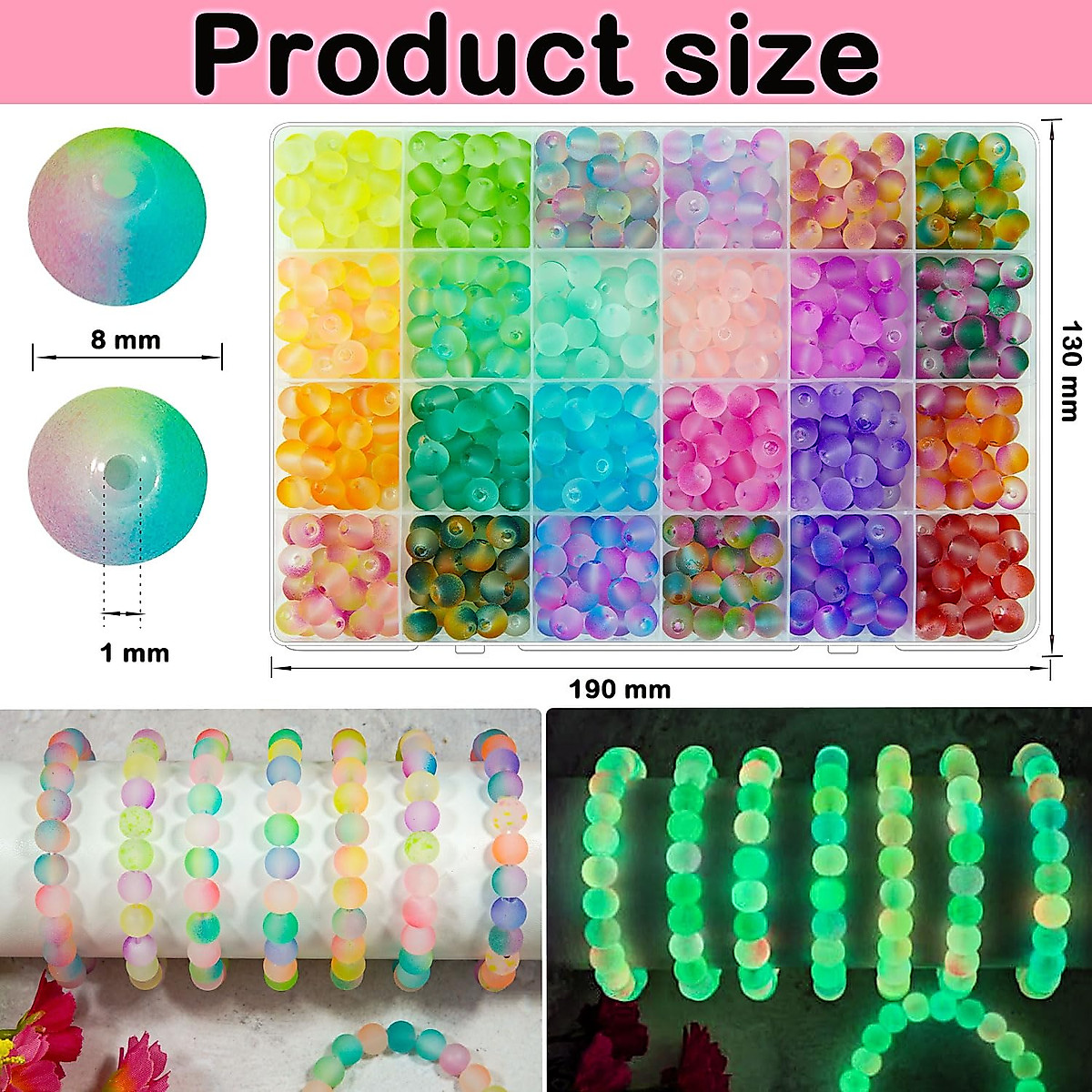 630PCS Glass Beads for Jewelry Making, 24 Color 8mm Glow in the Dark Glass Beads for Bracelets Making Gemstone Loose Spacer Beads for DIY Craft Friendship Bracelets Necklace Earring (8MM-Glowing)