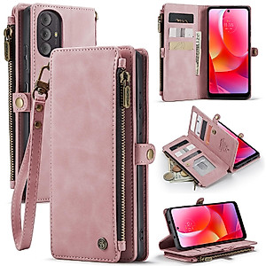Defencase Moto G Power 2022 Phone Case, Motorola Moto G Power 2022 Case Wallet for Women and Men, Fashion PU Leather Flip Wrist Strap Zipper Card Holder Wallet Case for Moto G Power 2022, Rose Pink