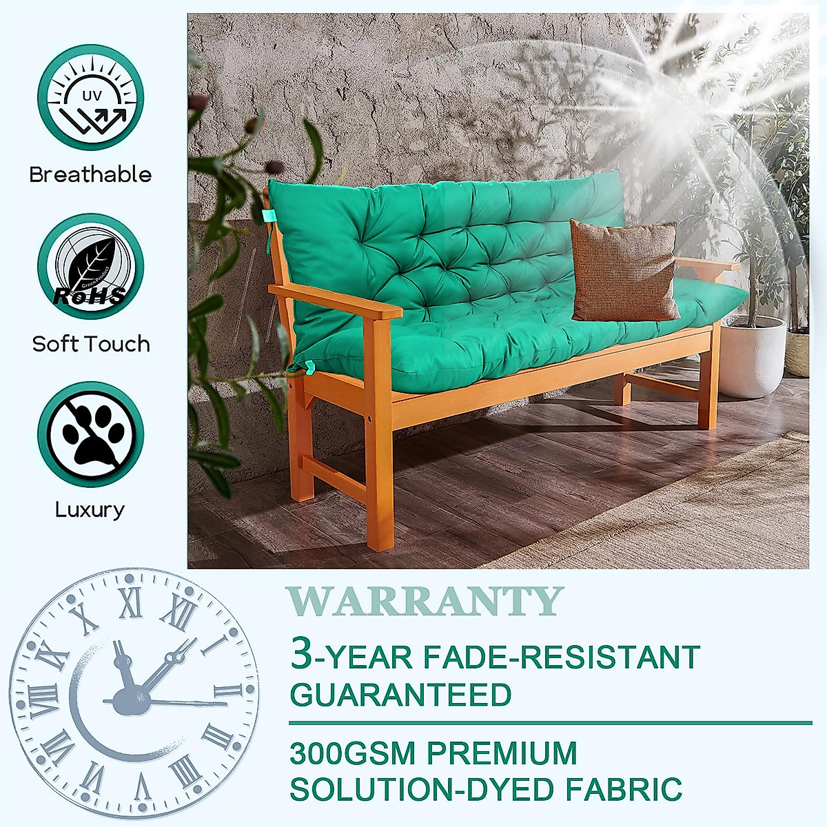 VKETU Outdoor Swing Cushions 3 Seater Waterproof, Replacement Bench Cushions for Outdoor Patio Furniture with Backrest, Porch Swing Cushion with Ties for Lawn and Garden (Lake Blue, 40x71in)