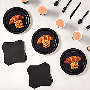 Juvale 144 Piece Black Party Supplies - Serves 24 Disposable Black Paper Plates, Napkins, Cups, and Cutlery, Ideal Party Table Decorations for Birthdays, Halloween Parties & Graduation