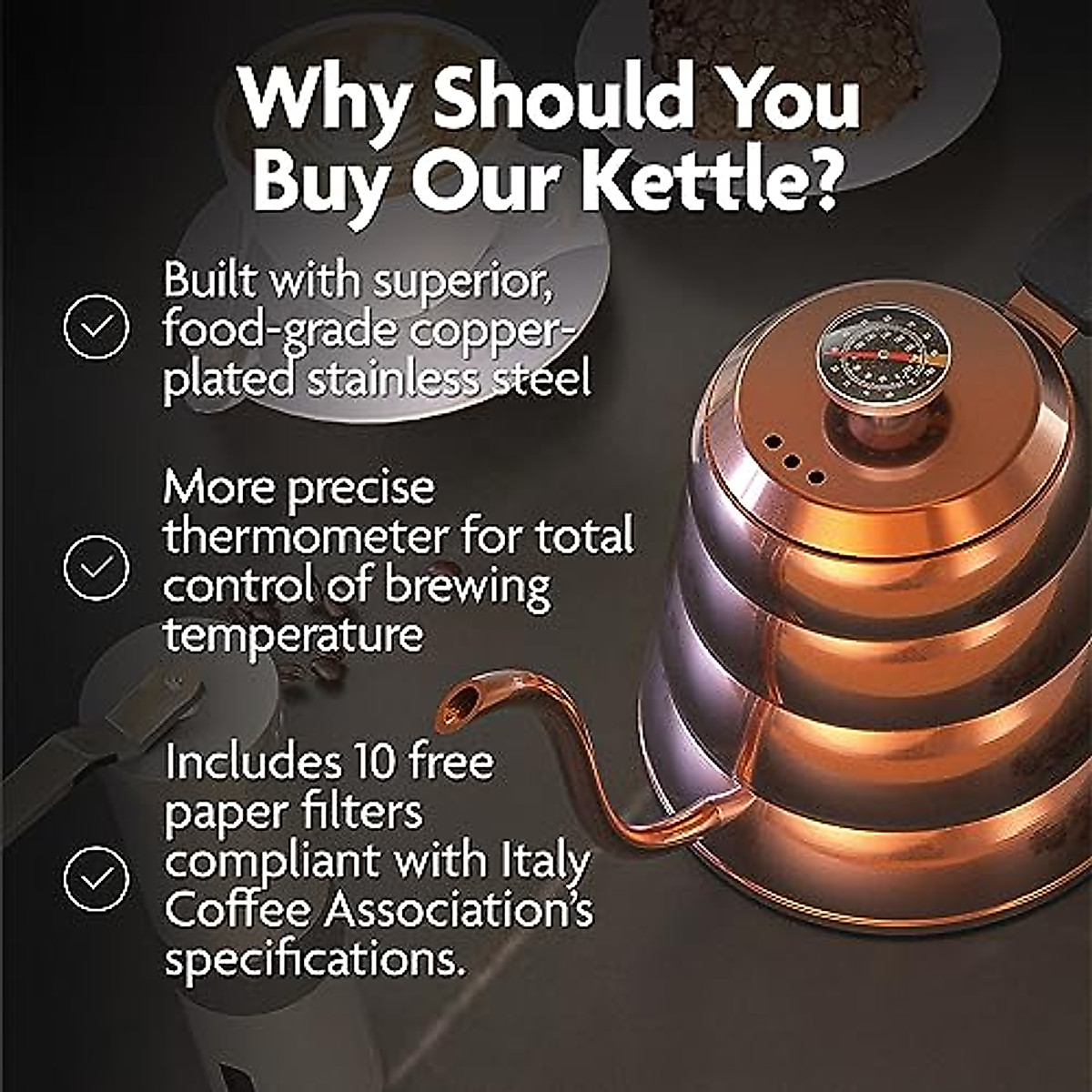 Vianté Pour Over Coffee Kettle with Thermometer for Exact Temperature 40 fl oz - Premium Stainless Steel Gooseneck Tea Kettle for Drip Coffee, French Press and Tea - Works on Stove and Any Heat Source