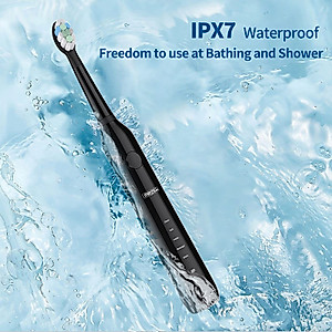 Electric Toothbrush Sonicare with 6 Brush Heads, Toothbrush for Adults and Kids, 30000 VPM, Deep Clean 5 Modes with 2 Minutes Timer, Tongue Coating Brush, One Charge for 70 Days (009 Black)