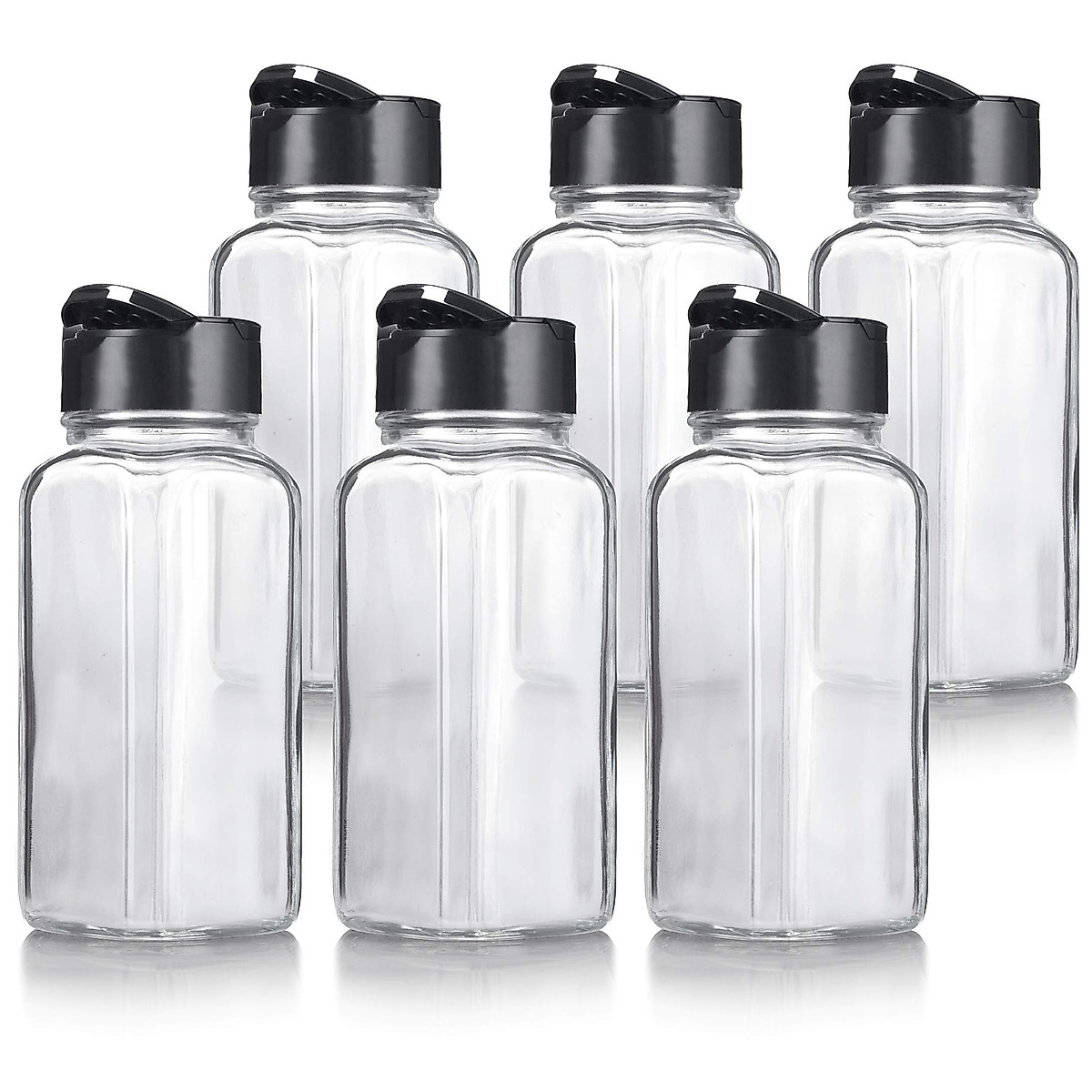 JUVITUS 4 oz / 120 ml Clear Glass Square Spice Jar with Black Sifter (6 pack) - Two Sided Sifter Cap (shaker holes/pour open) and Freshness Seal