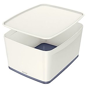Leitz Large MyBox with Lid, Storage Box for Home and Office, High Gloss Plastic,18 Litre, A4, White/Grey