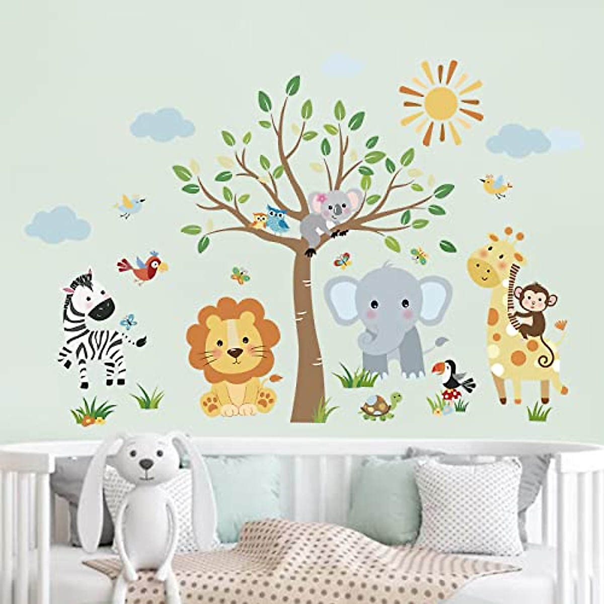 decalmile Forest Baby Animals Wall Decals Elephant Lion Giraffe Wall Stickers Baby Nursery Kids Room Daycare Wall Decor
