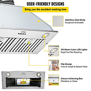 VEVOR Insert Range Hood, 800CFM 3-Speed, 30 Inch Stainless Steel Built-in Kitchen Vent with Push Button Control LED Lights Baffle Filters, Ducted/Ductless Convertible, ETL Listed…