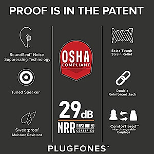 Plugfones Protector VL Audio Earbuds, OSHA Compliant Earplugs with Sound, Black & Red