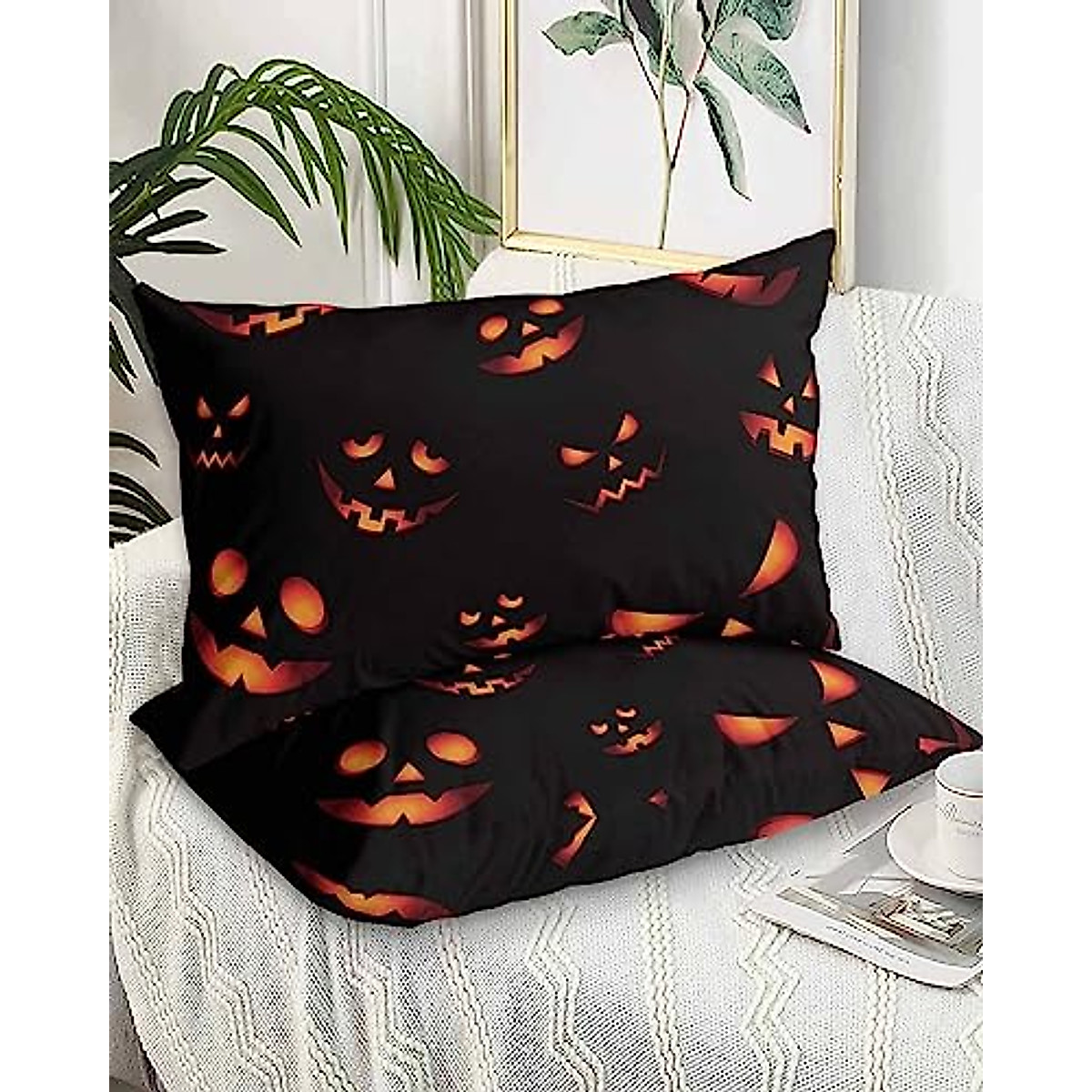 Edwiinsa Halloween Pillow Covers Standard Size Set of 2 Bed Pillow, Fall Pumpkin HorrorBlack Orange Plush Soft Comfort for Hair/Skin Cooling Pillowcases with Envelop Closure 20''x26''