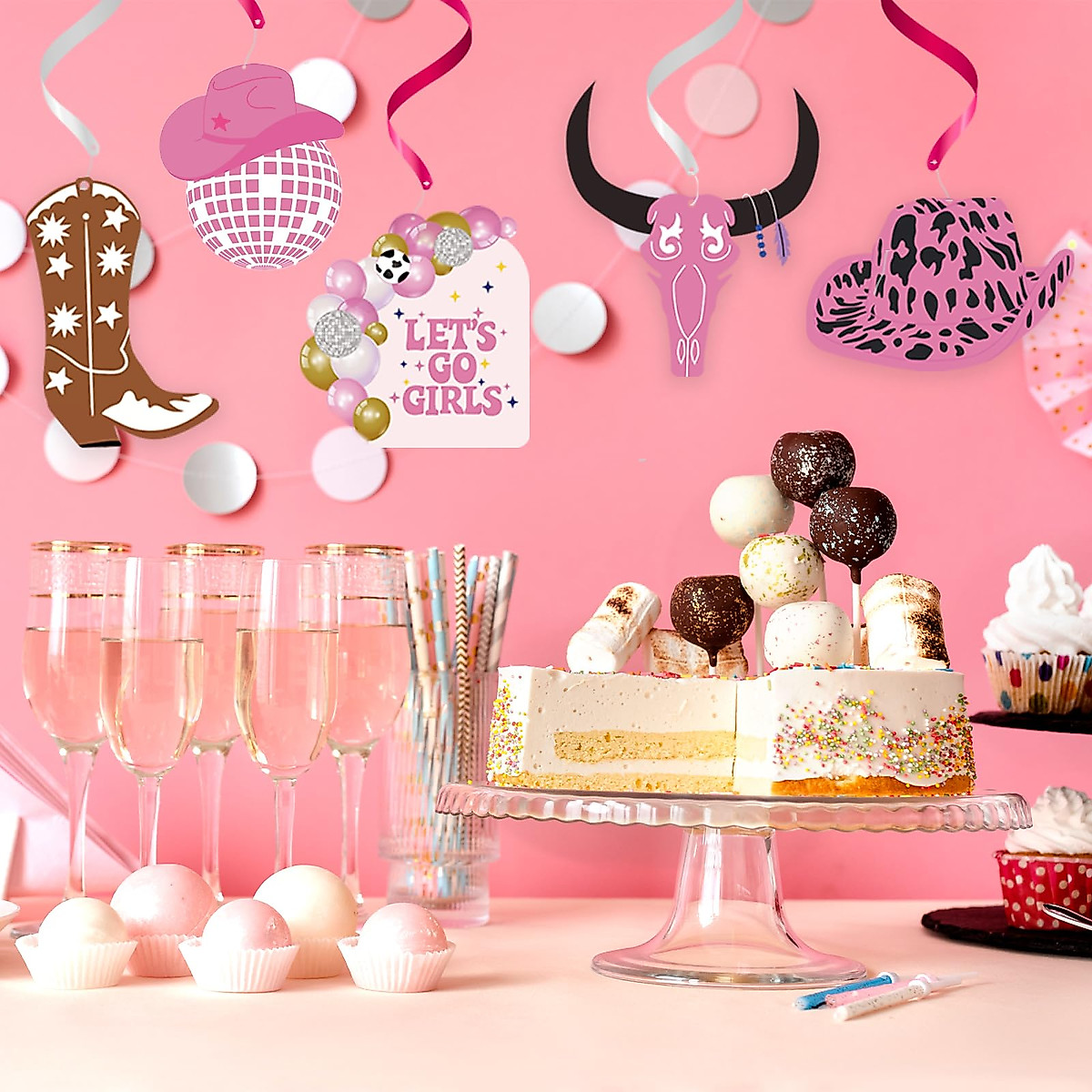 Western Cowgirl Party Decorations, 30pcs Pink Cowgirl Birthday Party Decor Supplies Hanging Swirls Foil,Let's Go Girls Western Disco Party Supplies for Last Rodeo Bachelorette Party, Baby Shower