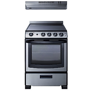 Summit Appliance REXH24RSS 24" Wide Electric Range and Convertible Hood Set, Push-to-turn Knobs, 4 Cooking Zones, Stainless Steel Hood, Adjustable Racks, Smooth Ceramic Glass Top, Boiler Tray
