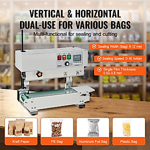 VEVOR Continuous Bag Band Sealing Machine, 0.24-0.47 in/6-12 mm Seal Width, Vertical Band Sealer Machine with Digital Temperature Control, Carbon Steel Bag Sealer for 0.02-0.8 mm Plastic Bags Films
