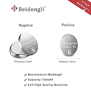 Beidongli CR1632 3 Volt Lithium Coin Cell Battery (10 Batteries)【5-Years Warranty】