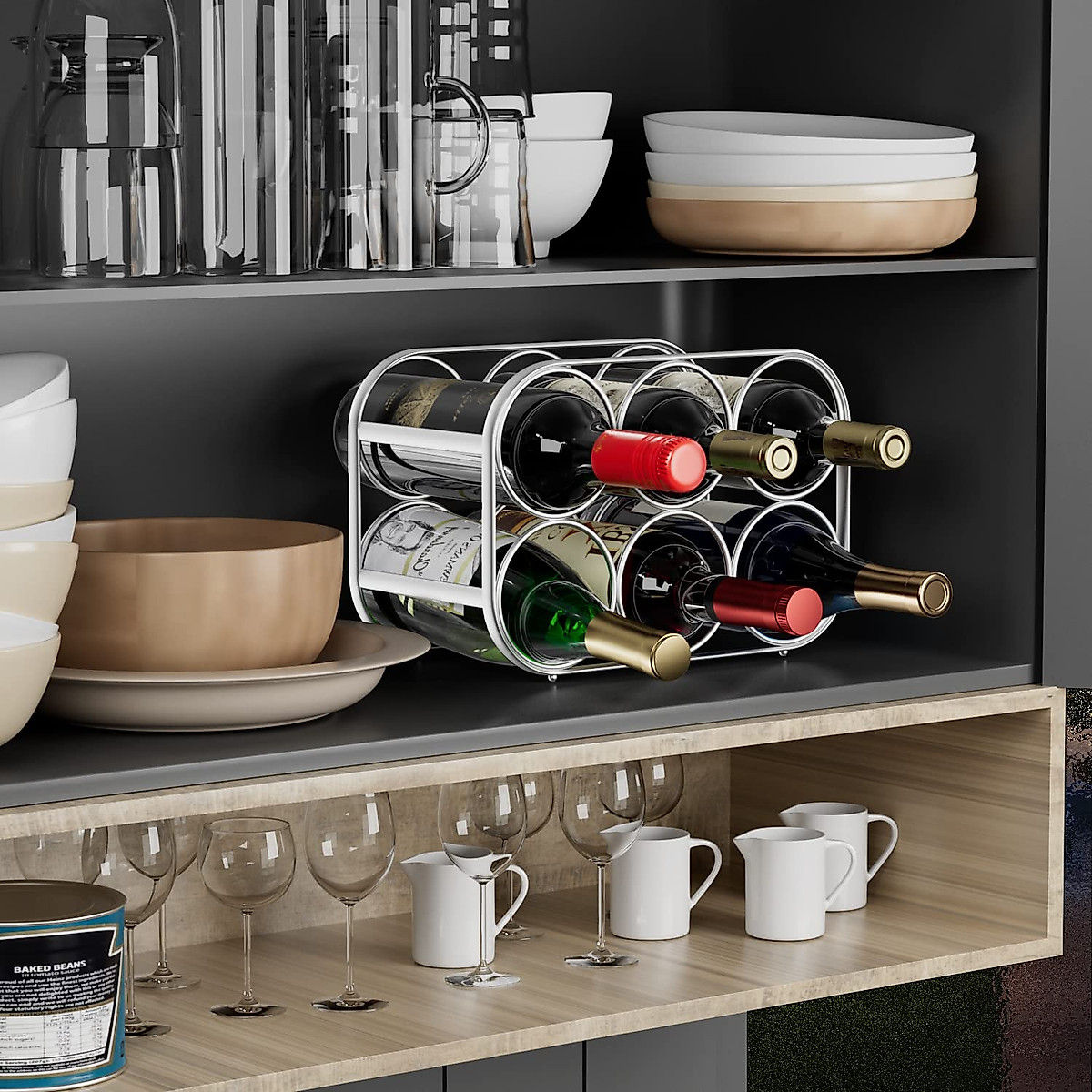 Buruis 6 Bottle Countertop Wine Rack - Freestanding Modern Metal Small Wine Rack - Tabletop Wine Holder Stand for Cabinet, Pantry, and Kitchen Decor - No Assembly Required - Silver