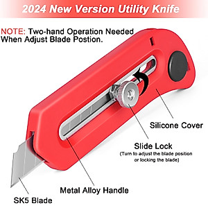 Heavy-duty Utility Knife with Comfortable Silicone Cover, Stainless Steel Retractable Box Cutter, Ergonomic Grip Handle, Quick Change Blade Snap off Cutter Knife with 10 Extra SK5 18mm Wide Blades