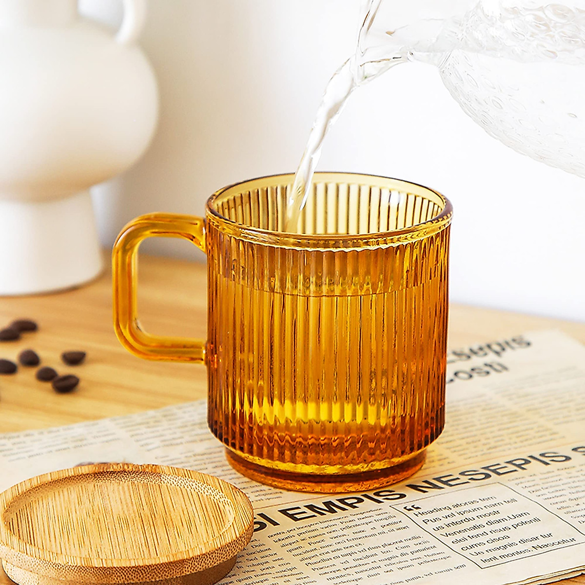 Lysenn Amber Glass Coffee Mug with Lid - Premium Classical Vertical Stripes Glass Tea Cup - for |Latte|Tea|Chocolate|Juice|Water| - Unleaded - Bamboo Lid - 12.5 Ounces