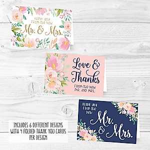 24 Navy Floral Wedding Thank You Cards With Envelopes Wedding Thank You From The New Mr And Mrs Cards - Mr And Mrs Thank You Cards Wedding With Envelopes, Bride Thank You Wedding Cards With Envelopes