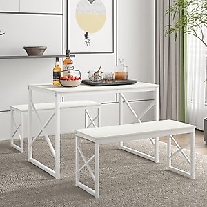 VECELO Kitchen Dining Table Set for 4, 43.3" Wood Rectangle Dinette with 2 Benches, Heavy-Duty Metal Frame for Small Space, Breakfast Nook, White