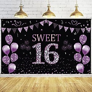 Trgowaul Sweet 16 Birthday Decorations Banner Girls, Purple Sweet 16th Backdrop Birthday Party Sign Supplies, Sweet Sixteen Year Old Poster Background Photo Booth Props Decor, Sweet 16 Decorations