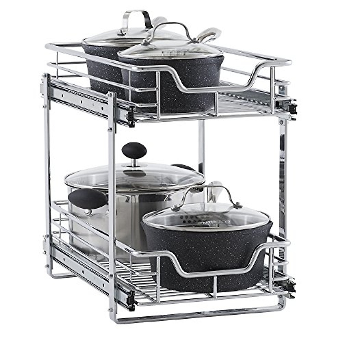 Household Essentials C21221-1 Glidez 2-Tier Sliding Cabinet Organizer, 11.5" Wide, Chrome & C26512-1 Glidez Under Sink Sliding Organizer | Pull Out Cabinet Shelf | Chrome | 12.5 Inches Wide