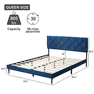 AsKmore Queen Size Bed Frame,Velvet Upholstered Platform with Headboard and Strong Wooden Slats,Non-Slip and Noise-Free,No Box Spring Needed, Easy Assembly,Navy Blue
