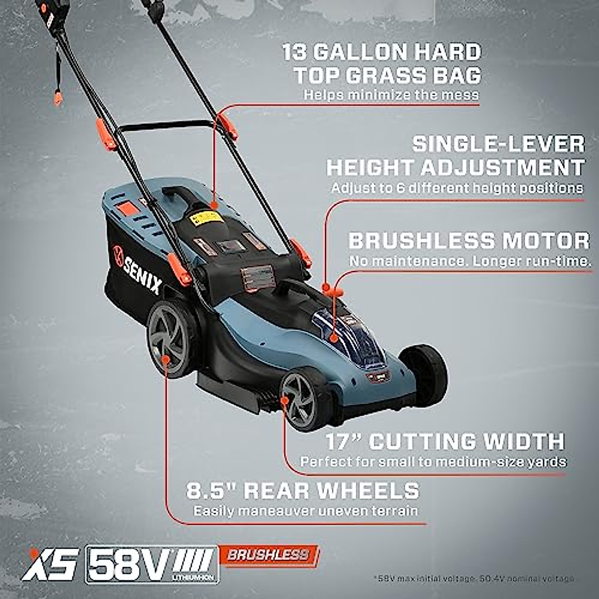 SENIX Electric Lawn Mower, 17-Inch, 58V Max* Cordless Lawn Mower with Brushless Motor, 6-Position Height Adjustment, 2.5Ah Lithium Ion Battery and Charger Included, LPPX5-M, Blue
