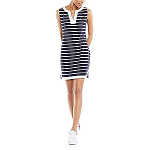 Nautica womens Breton Stripes Sleeveless V-neck Stretch Cotton Polo Casual Dress, Navy, Medium US
