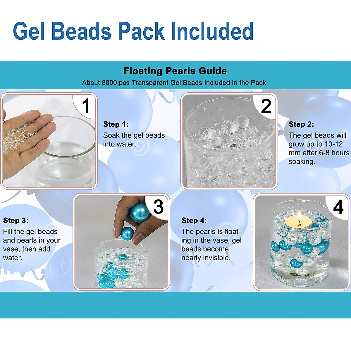 Blue Ivory Pearl Vase Fillers - 120 pcs 1 LB faux pearl beads 14mm 20mm 30mm Assorted with 8000 pcs clear water beads included for home wedding events decroation (Royal Blue, Ivory)