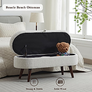 43.8" Storage Ottoman Bench for Bedroom, Upholstered Storage Bench, Boucle Ottoman Bench with Safety Hinge, End of Bed Bench with Solid Wood Legs for Living Room/Bedroom/Entryway/Beige