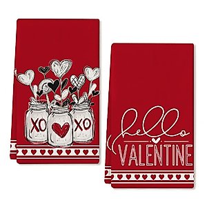 ARKENY Valentine Day Kitchen Towels Red Heart Dish Towels 18x26 Inch Ultra Absorbent Wedding Drying Cloth Happy Valentine Sign Hand Towel for Valentine Decorations Set of 2