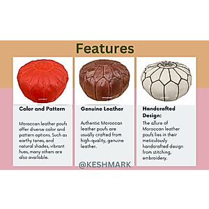 KESHMARK Luxury Handcrafted Moroccan Leather Pouf - Boho Chic Ottoman Seat & Footstool for Living Room Decor - Foot Rest - Round Ottoman (Light Tan with Brown Thread, Cover)