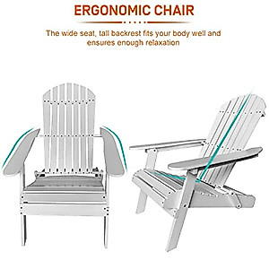 Adirondack Chair Weather Resistant Patio Chairs Folding Outdoor Chair w/Long Arms Solid Wooden Heavy Duty Reclining Fire Pit Chair for Deck, Lawn, Backyard, Garden Set of 2- White