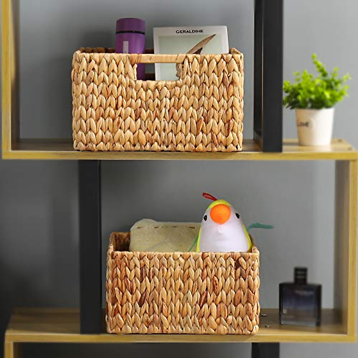 HOONEX Water Hyacinth Storage Baskets for Organizing, Decorative Wicker Baskets with Carrying Handles, Set of 2, Natural
