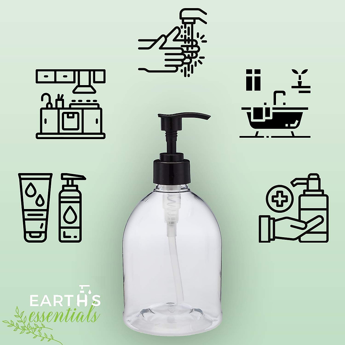 (4 Pack with Patented Screw-On Funnel) Earth's Essentials Versatile 16 Ounce PET Plastic Refillable Designer Pump Bottles. Excellent Liquid Hand Soap, Lotion, Shampoo and Massage Oil Dispensers