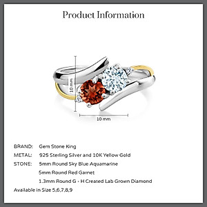 925 Sterling Silver and 10K Yellow Gold Sky Blue Aquamarine Red Garnet and White Lab Grown Diamond 2 Stone Crossover Ring For Women (1.52 Cttw, Gemstone Birthstone, Available in size 5, 6, 7, 8, 9)