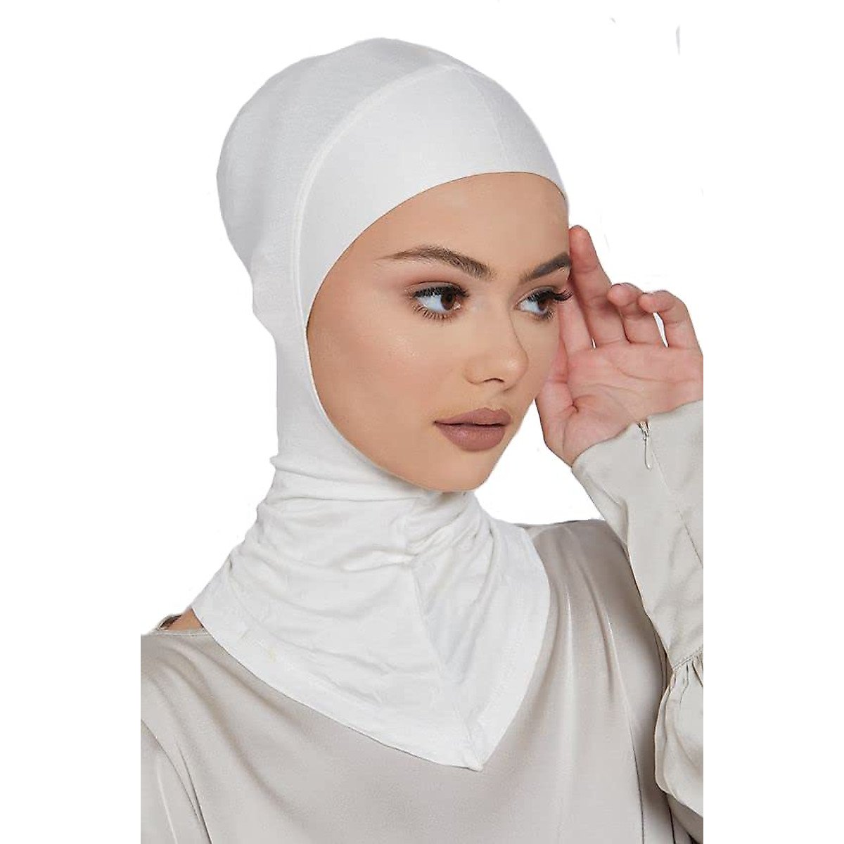 LMVERNA 2 Pieces Modal Hijab Cap Adjustable Muslim Stretchy Turban Full Cover Shawl Undercap Full Neck Coverage for Women (White+Light khaki)