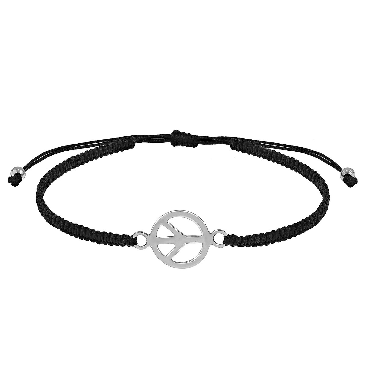 AeraVida Love Inspired Trendy Hippie Culture Peace Sign or Symbol .925 Sterling Silver Charm on Cotton Rope Adjustable Pull Slide Bracelet